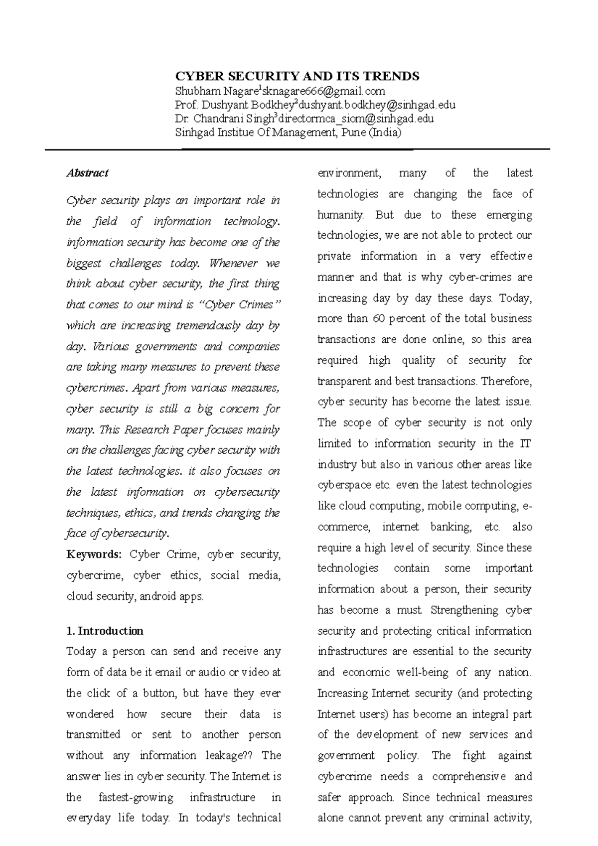 Abstract - ............... - CYBER SECURITY AND ITS TRENDS Shubham Prof ...