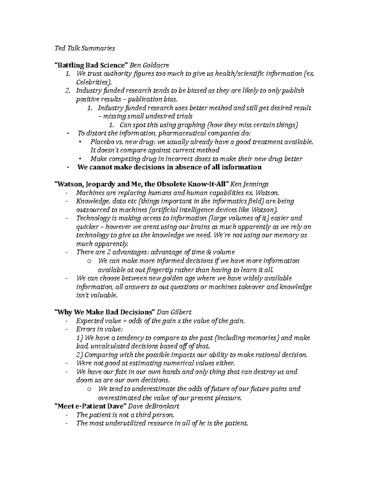 HLTH 230 Ted-Talk-Summaries - Ted Talk Summaries Bad Ben Goldacre 1. We ...