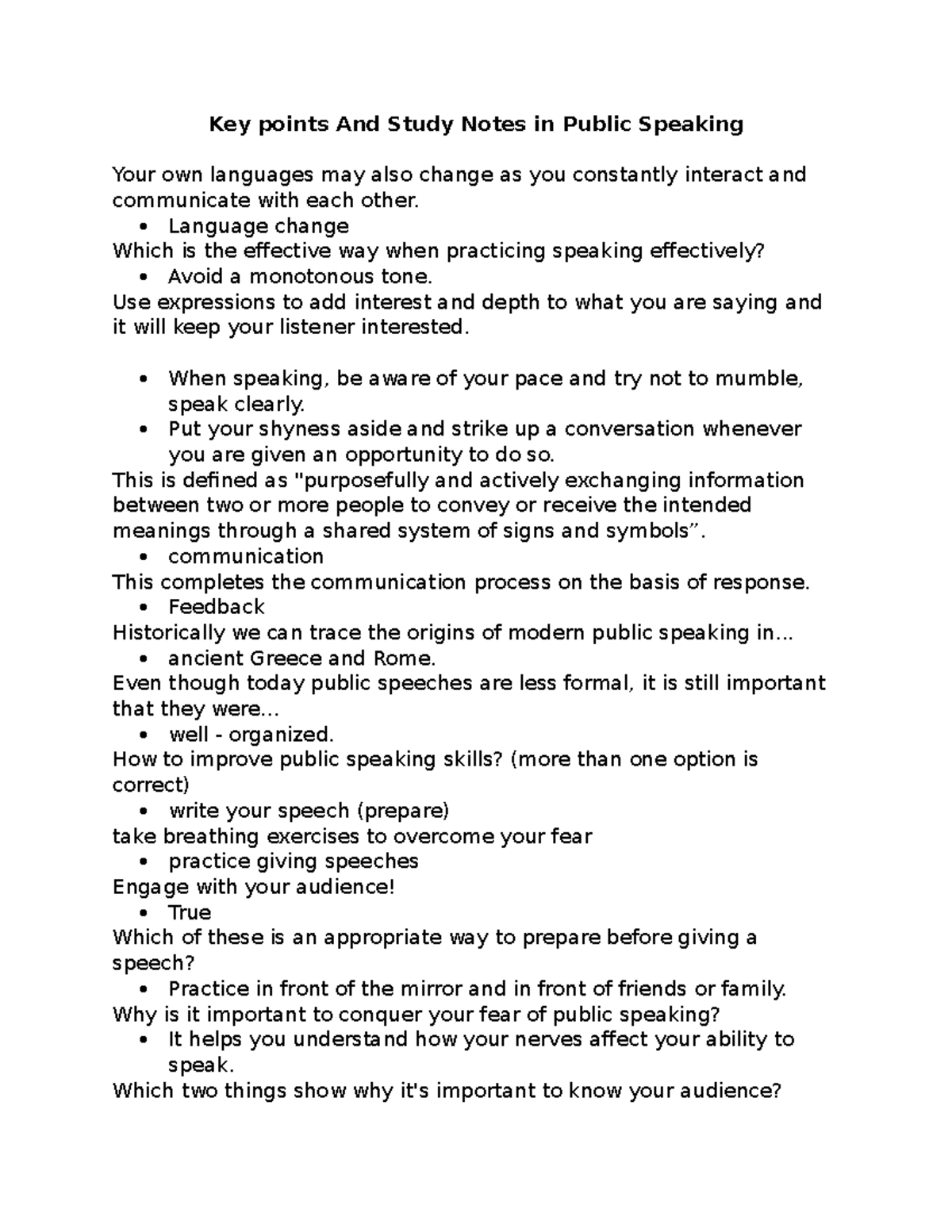 Key points And Study Notes in Public Speaking - Language change Which ...