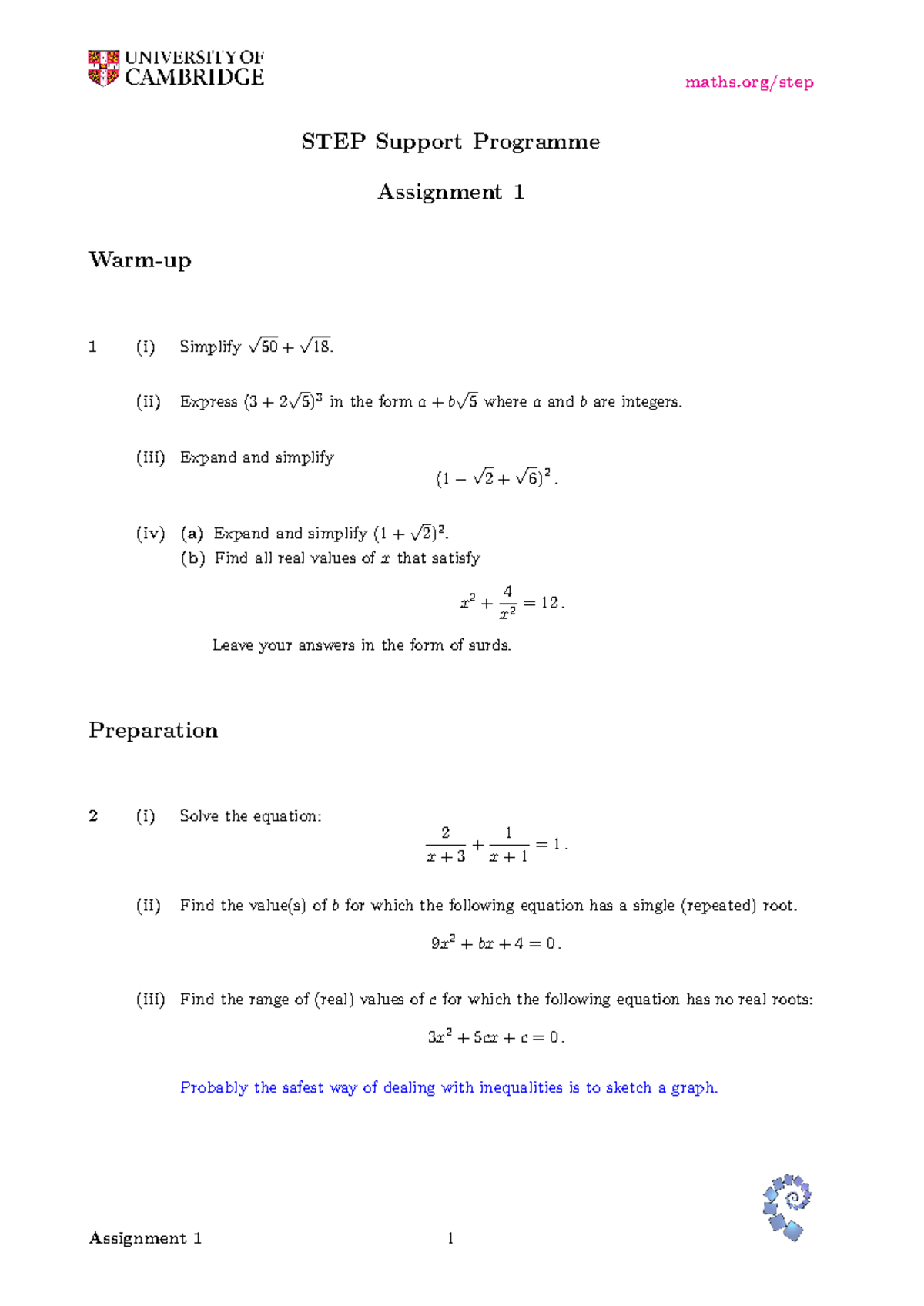 Assignment 1 0 - nokadjlsflsafjla - maths/step STEP Support Programme Assignment 1 Warm-up 1 (i ...