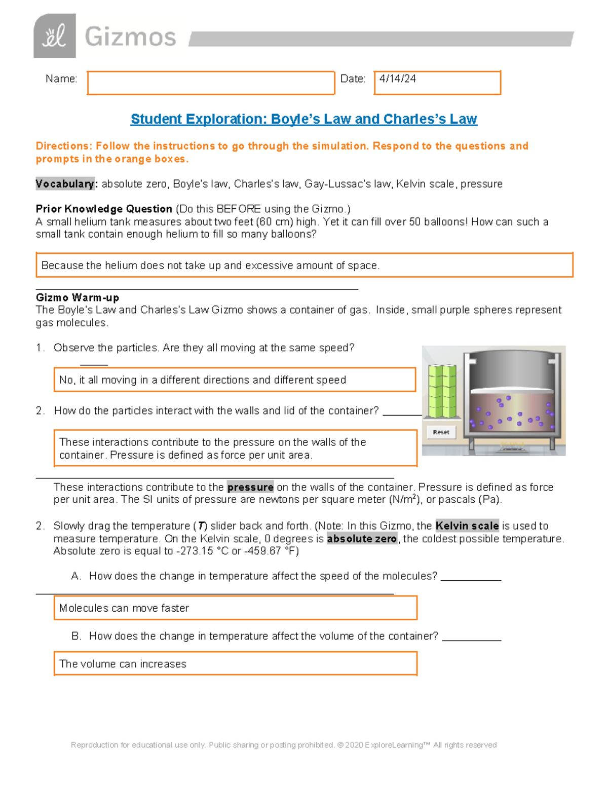 Boyles Charles Gizmo - Name: Date: 4/14/ Student Exploration: Boyle’s ...