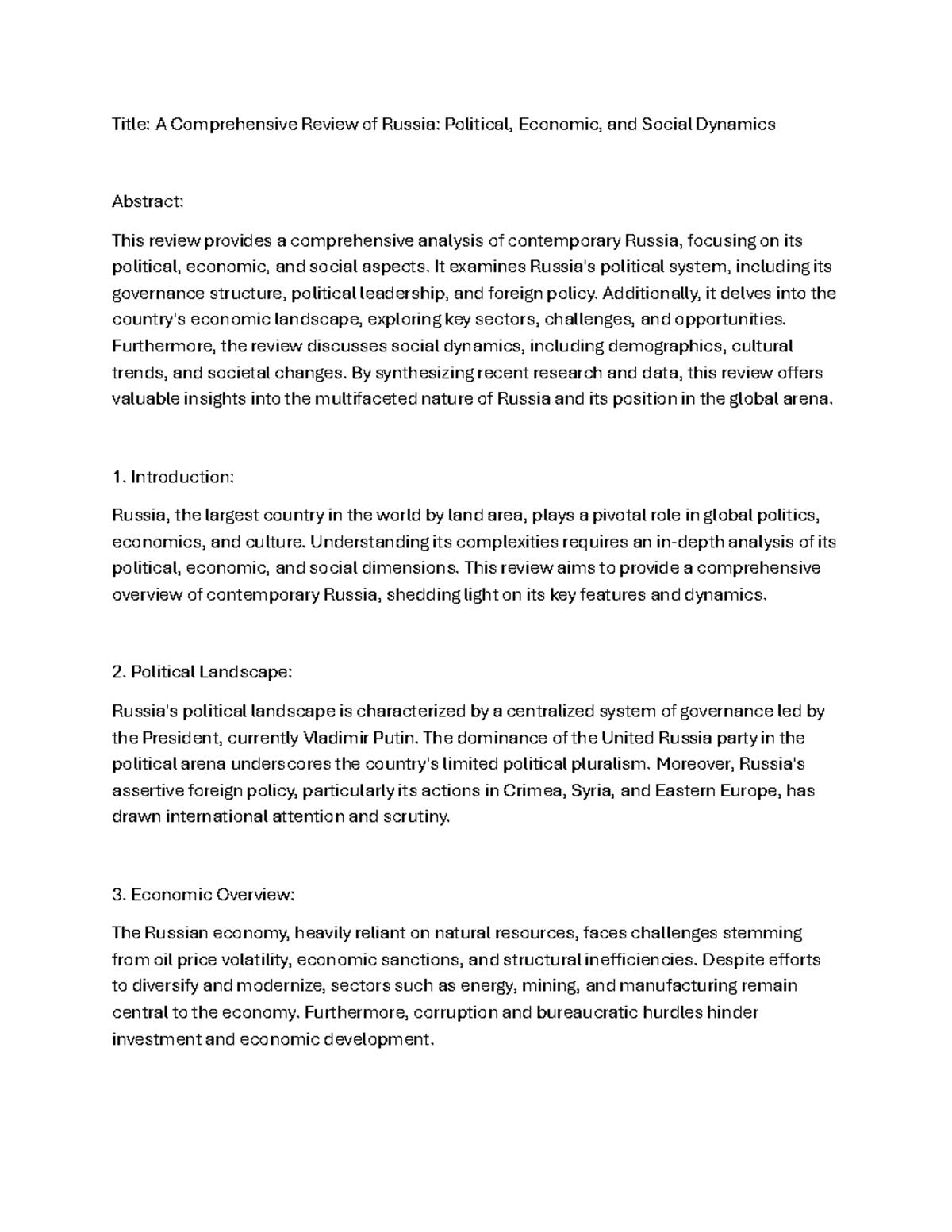 A Comprehensive Review of Russia - It examines Russia's political ...