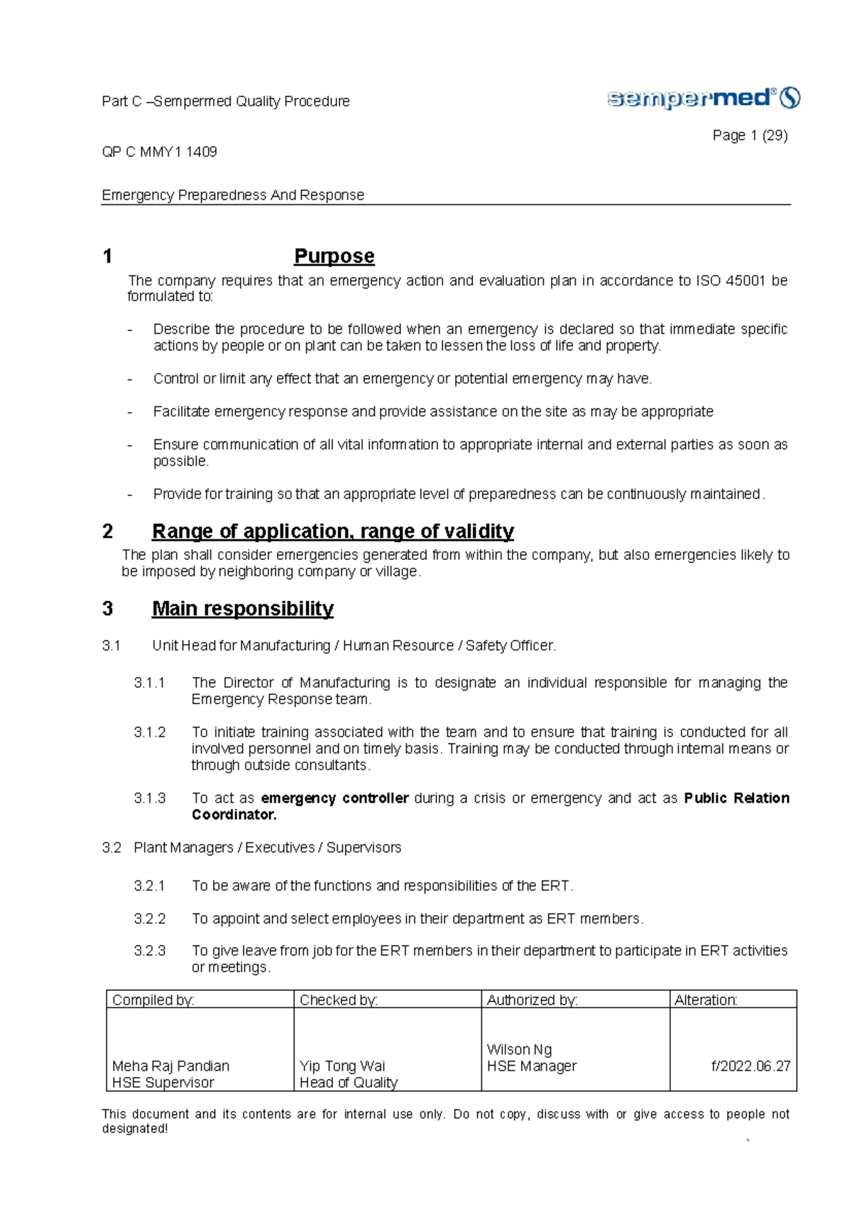 QP C MMY1 1409 - QP C MMY1 1409 Emergency Preparedness And Response 1 Purpose The company ...