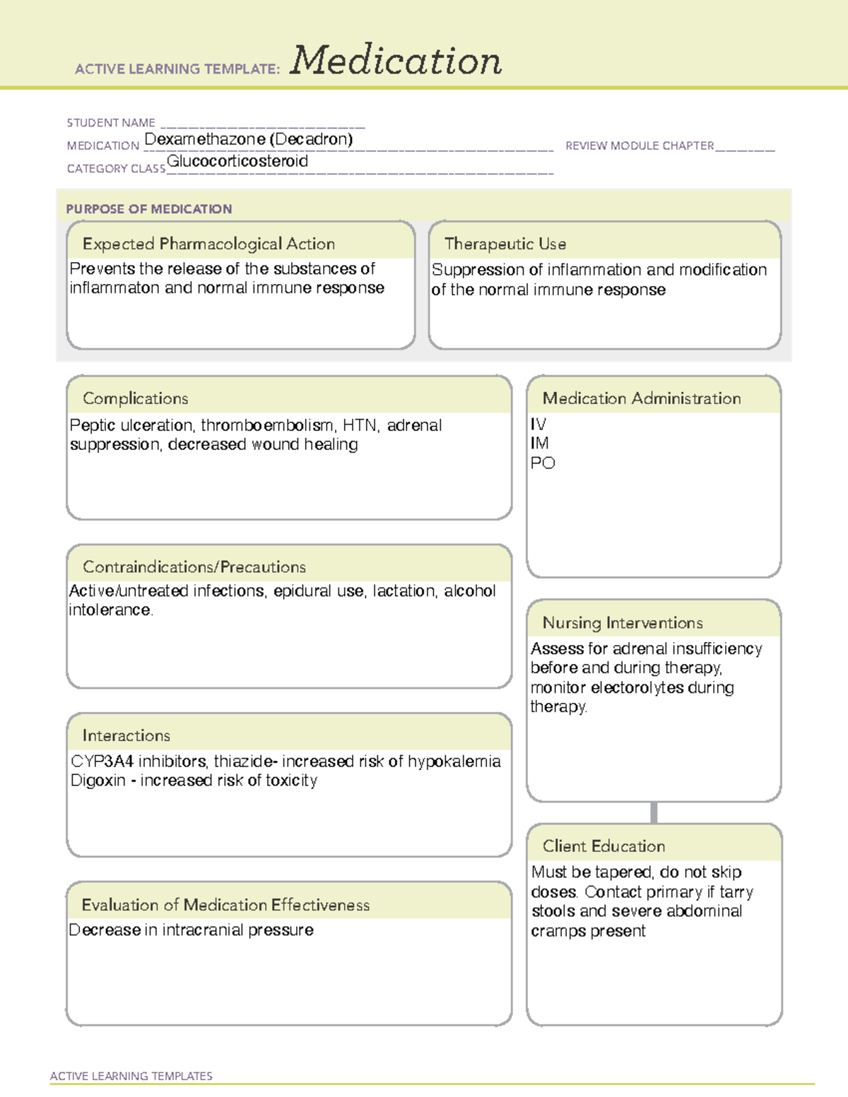 Dexamethazone (Decadron) - ACTIVE LEARNING TEMPLATES Medication STUDENT ...