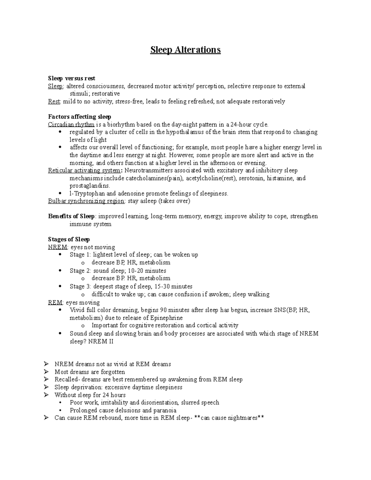Sleep Alterations - notes - Sleep Alterations Sleep versus rest Sleep ...