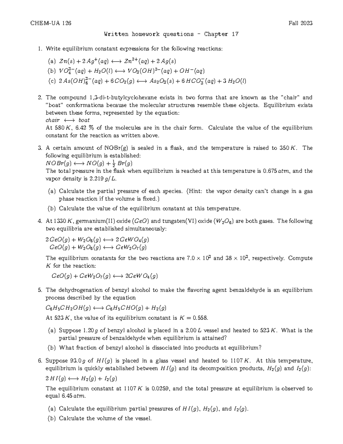 5.HW-Chpt-17-questions - Copy - CHEM-UA 126 Fall 2023 Written homework ...