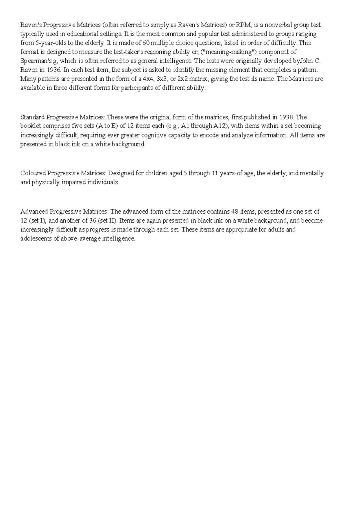 IQ TEST - IQ TEST - Raven's Progressive Matrices (often referred to ...