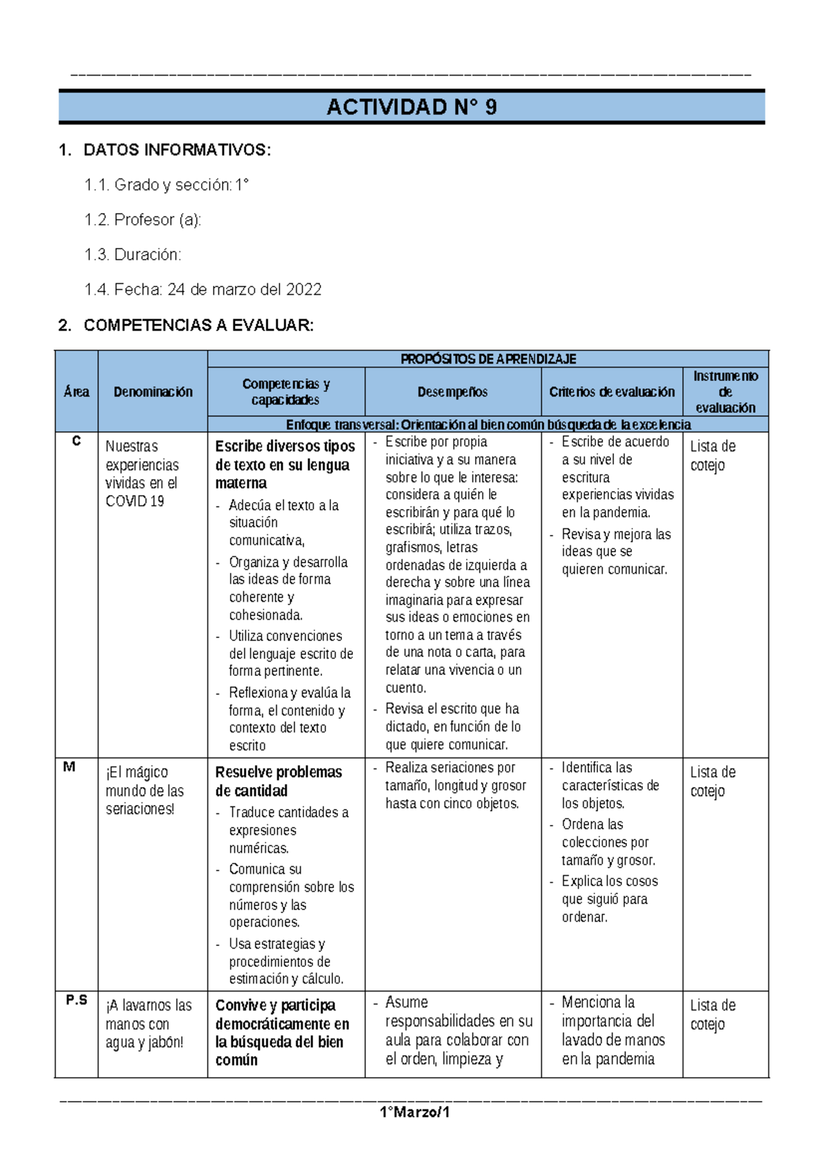 1° Grado - Actividad DEL DIA 24 DE Marzo - ACTIVIDAD N° 9 1. DATOS ...