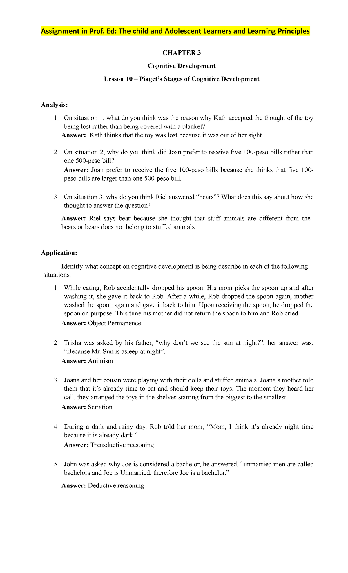 Answer Sheet in The Child and Adolescent Learners and Learning ...