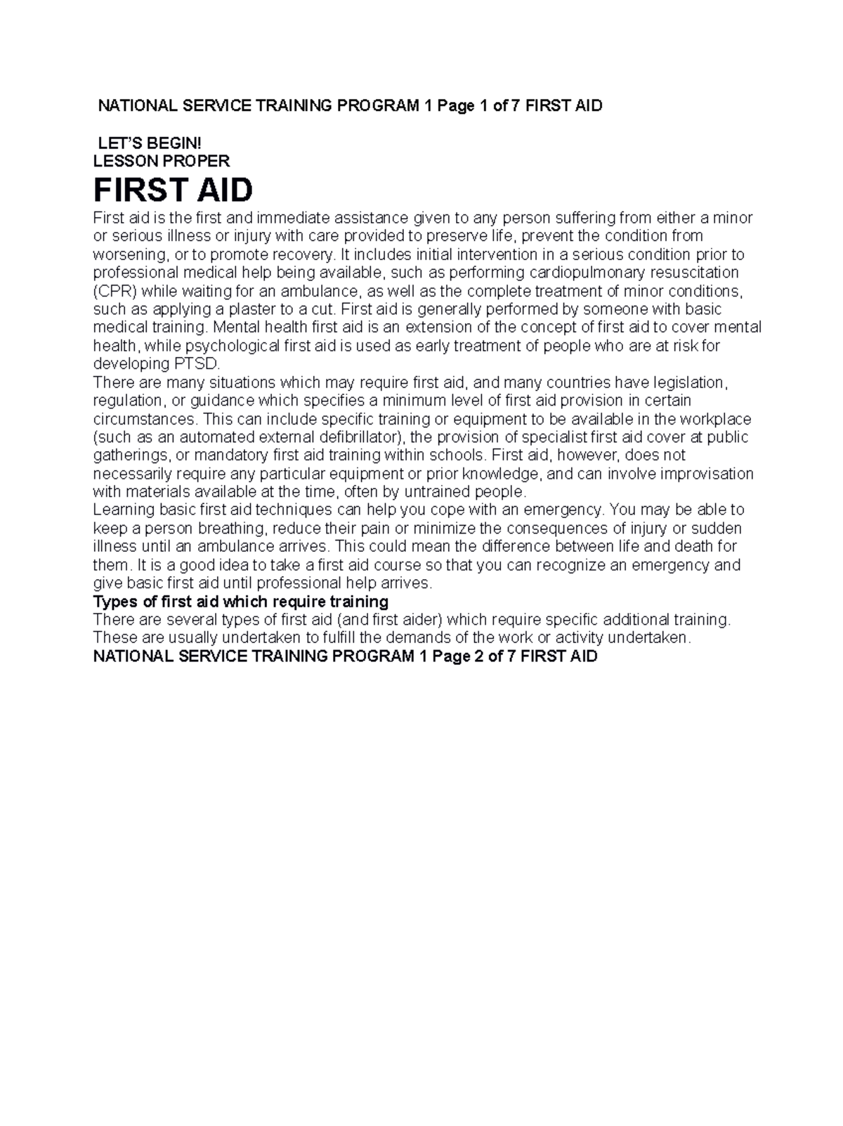 FILIPINO SA DISIPLINA - NATIONAL SERVICE TRAINING PROGRAM 1 Page 1 of 7 ...