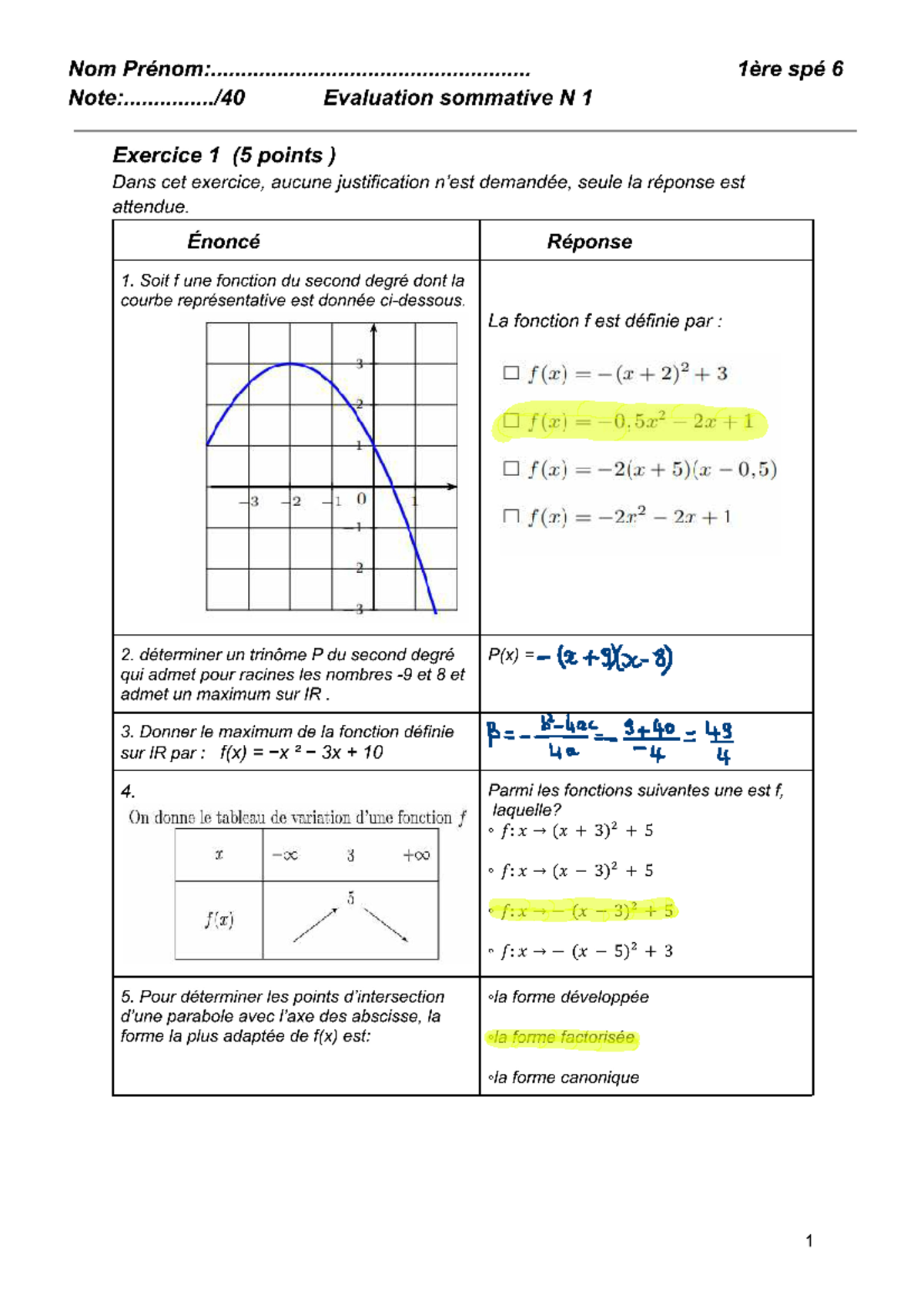 Correction Evaluation sommative second degré - maths - Studocu
