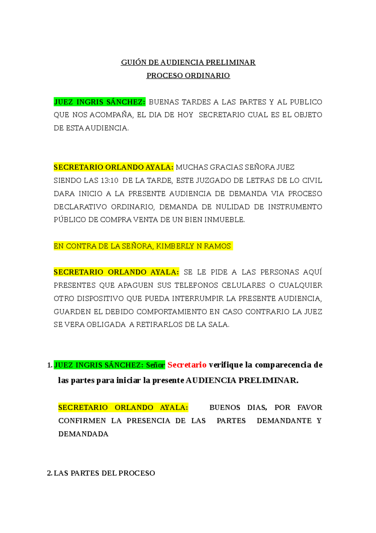 GUI N DE Audiencia Preliminar V A Proceso Ordinario - GUIÓN DE AUDIENCIA PRELIMINAR PROCESO ...