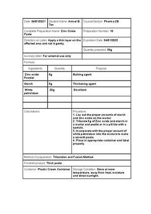 Compounding Record- Zinc Oxide Powder - Date: 04/01/2020 Student Name ...