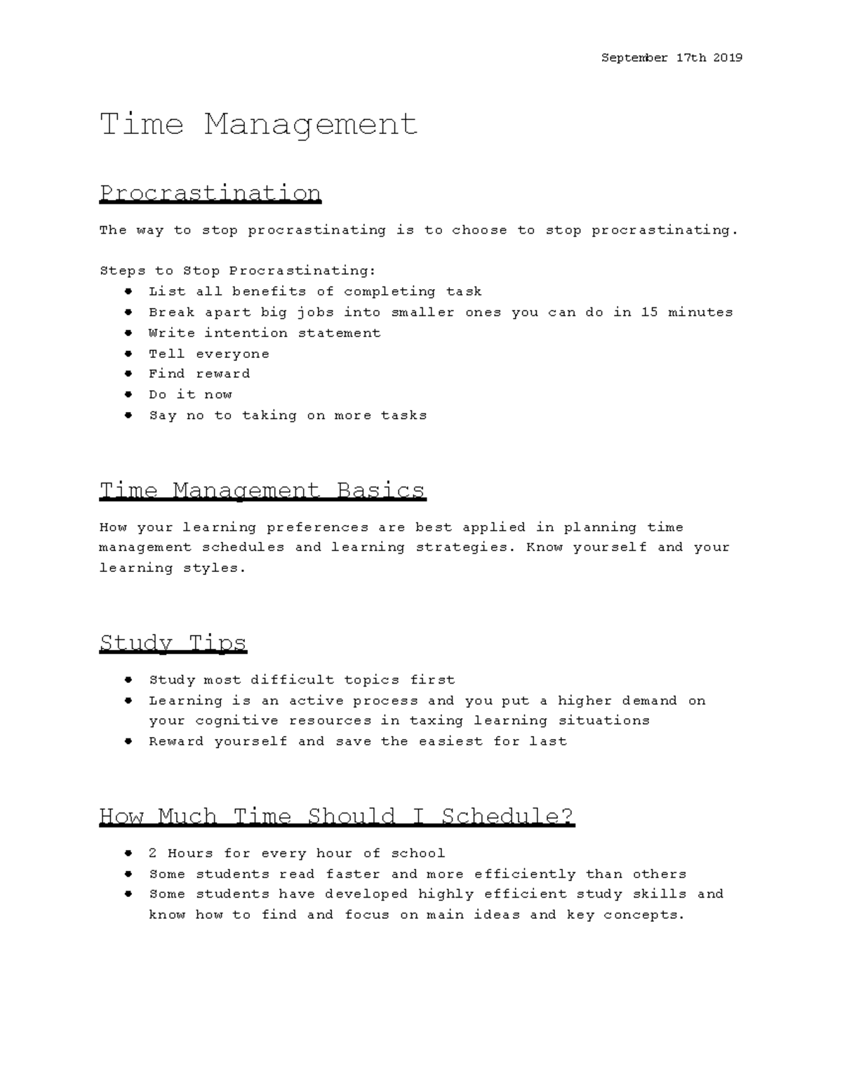 Time Management - Lecture notes 1 - September 17th 2019 Time Management ...