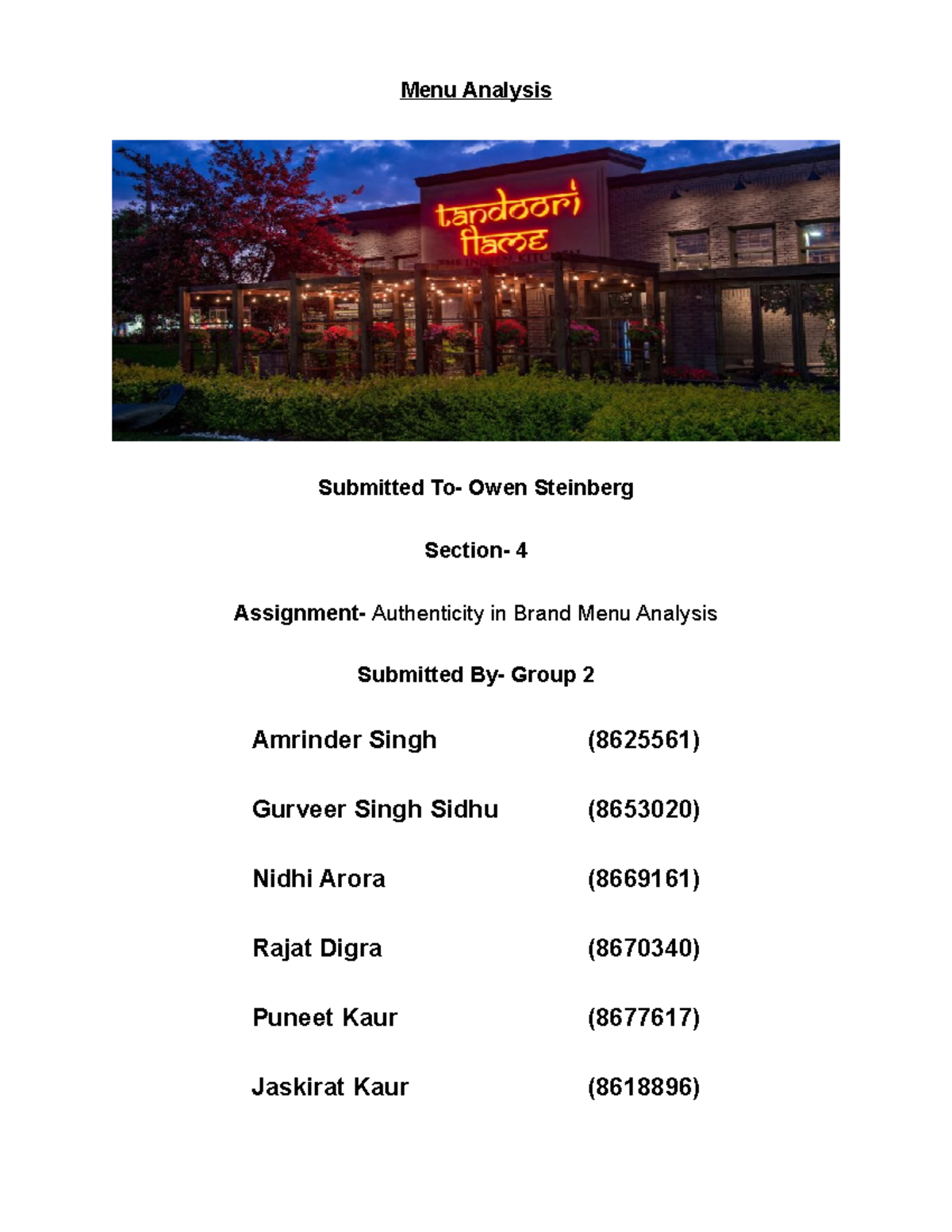 Menu Analysis - Lane Steier - Menu Analysis Submitted To- Owen ...