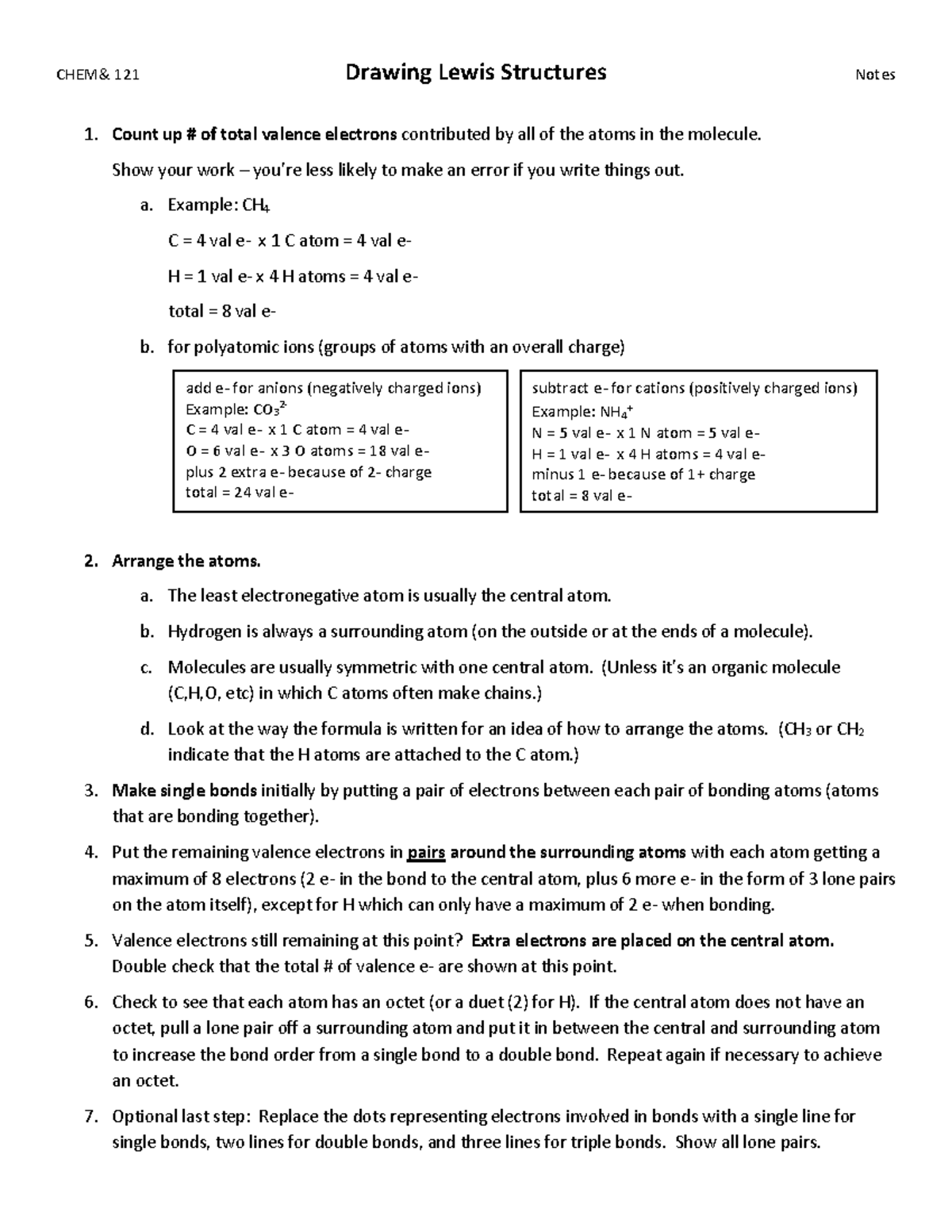 121 Notes Drawing Lewis Structures-1 - CHEM& 121 Drawing Lewis ...