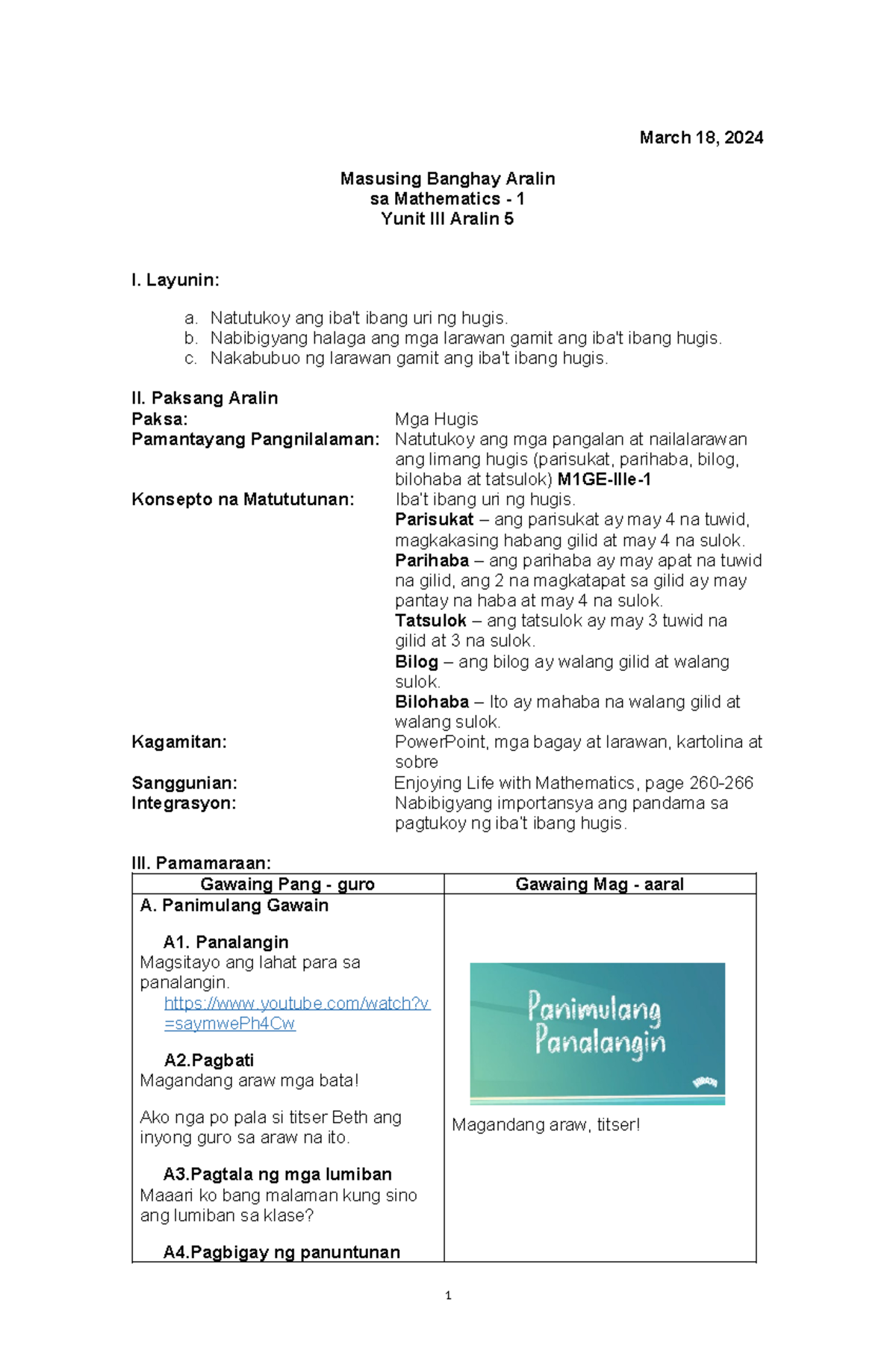 Detailed Lesson Plan Math 1 - March 18, 2024 Masusing Banghay Aralin sa ...