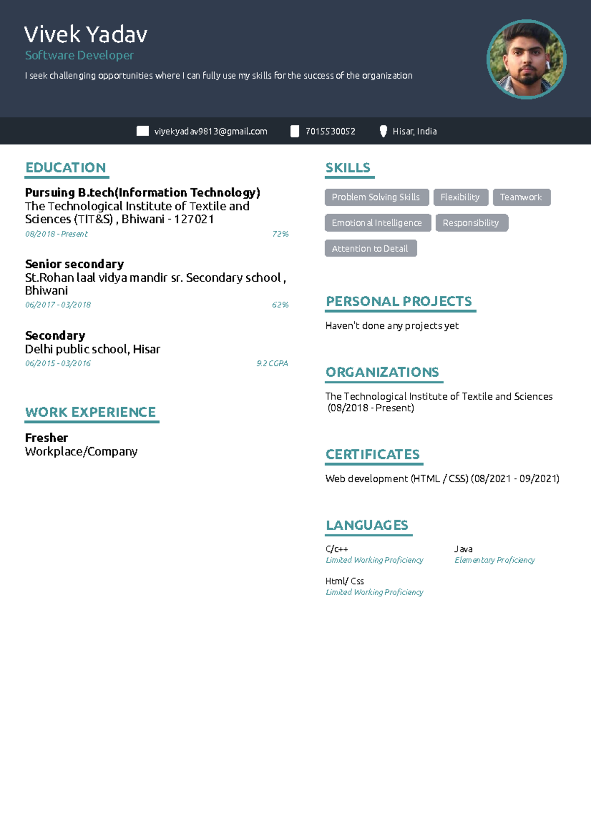 Vivek's Resume in html and css and Java - Vivek Yadav Software Developer I seek challenging ...