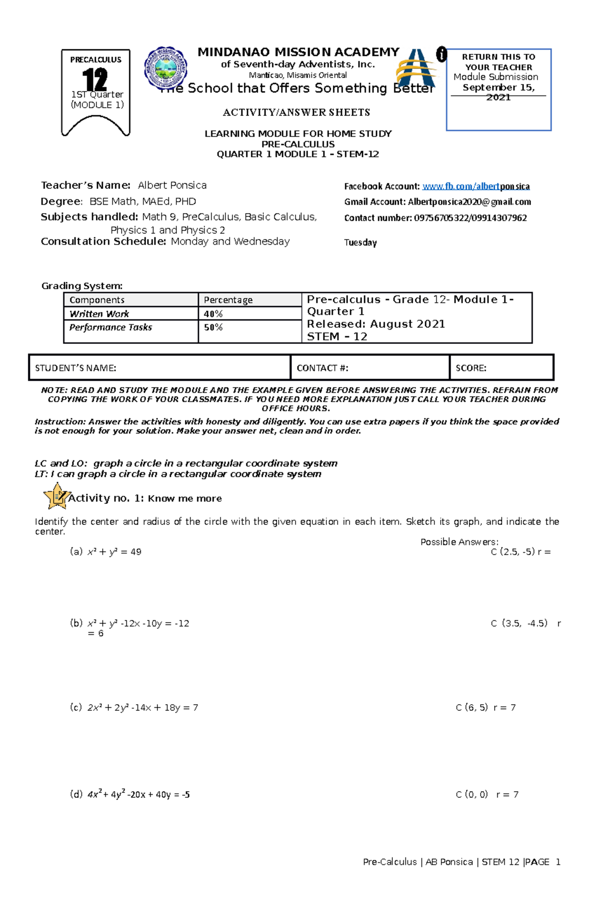 1st sem precal Q1 M1 August 22 23 Activity sheet - RETURN THIS TO YOUR ...