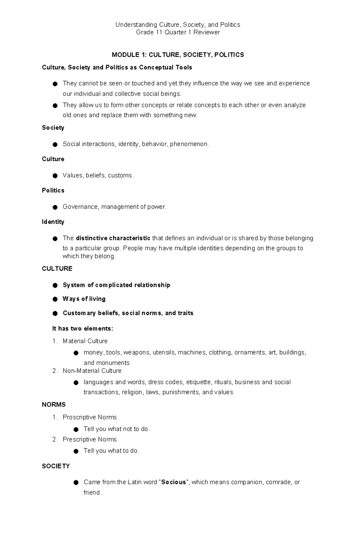 UCSP- Reviewer - Grade 11 Quarter 1 Reviewer MODULE 1: CULTURE, SOCIETY ...