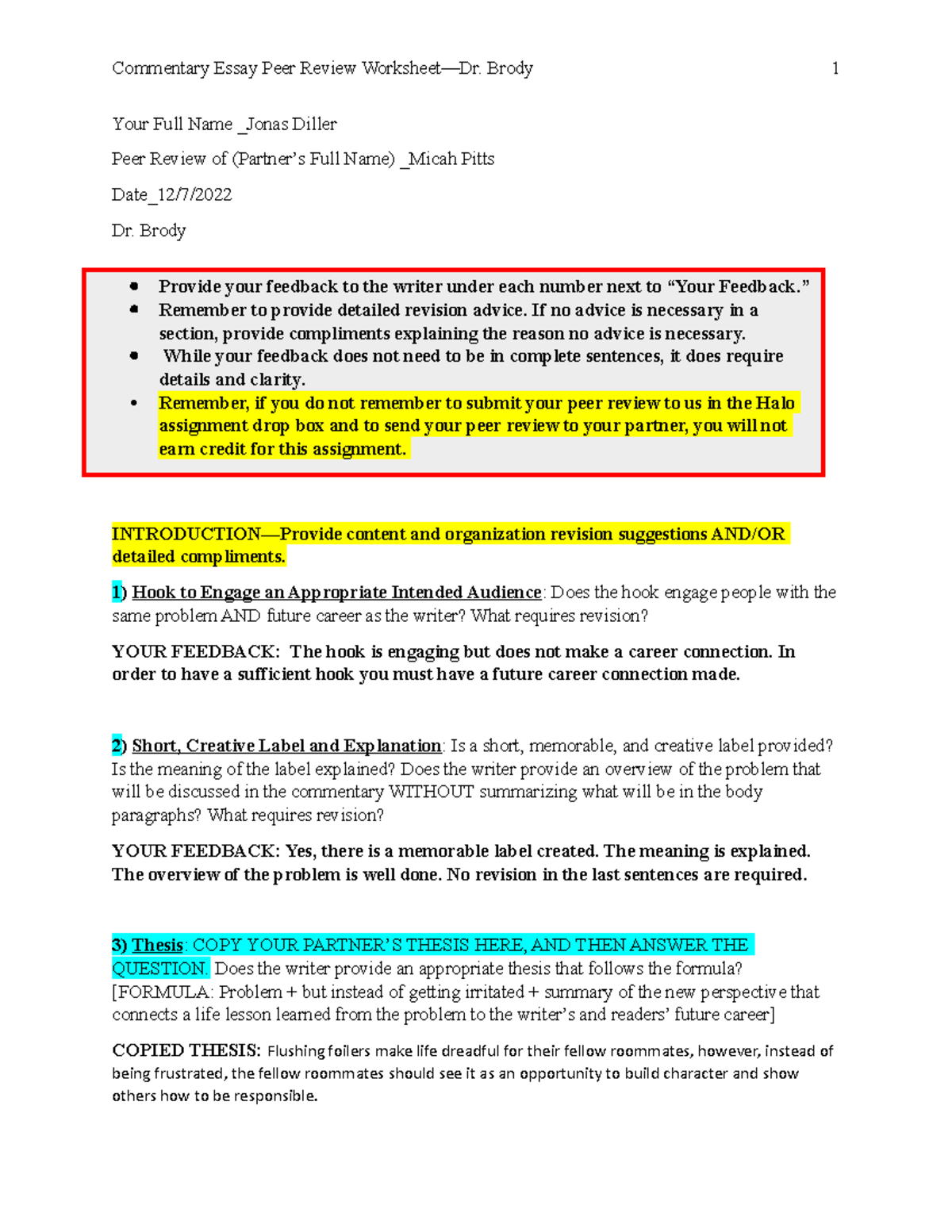 Commentary Peer Review Worksheet - Your Full Name _Jonas Diller Peer ...