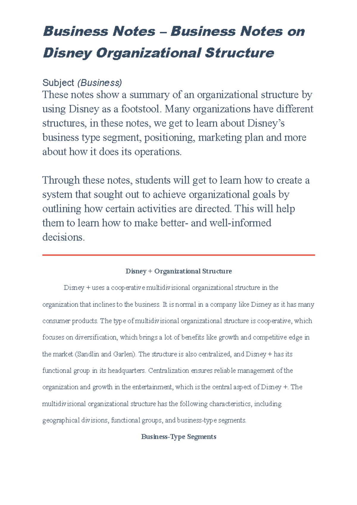 Disney Organizational Structure - Business Notes – Business Notes on ...