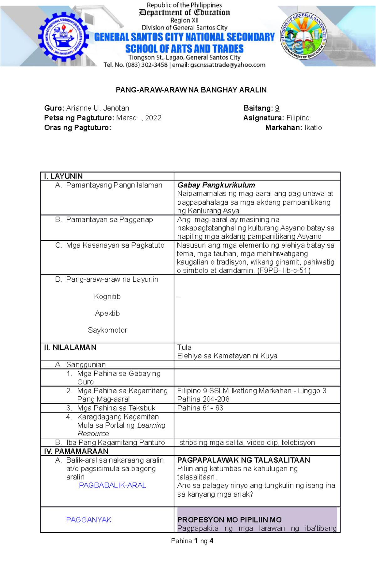 Aryan LP - Lesson plan grade 9 - PANG-ARAW-ARAW NA BANGHAY ARALIN Guro ...
