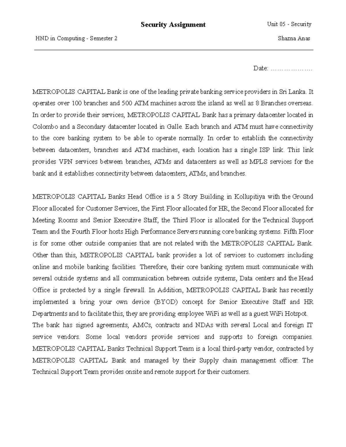 Security Assignment Breakdown - Activity 1 - HND in Computing - Semester 2 Shazna Anas Date ...