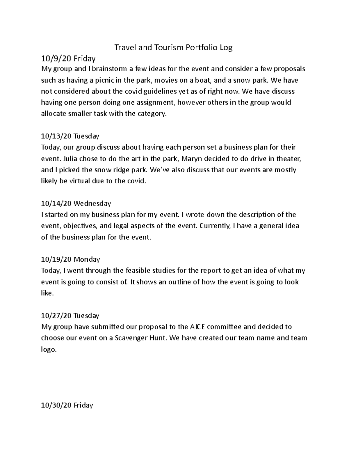 Travel and Tourism Portfolio Log - Travel and Tourism Portfolio Log 10 ...