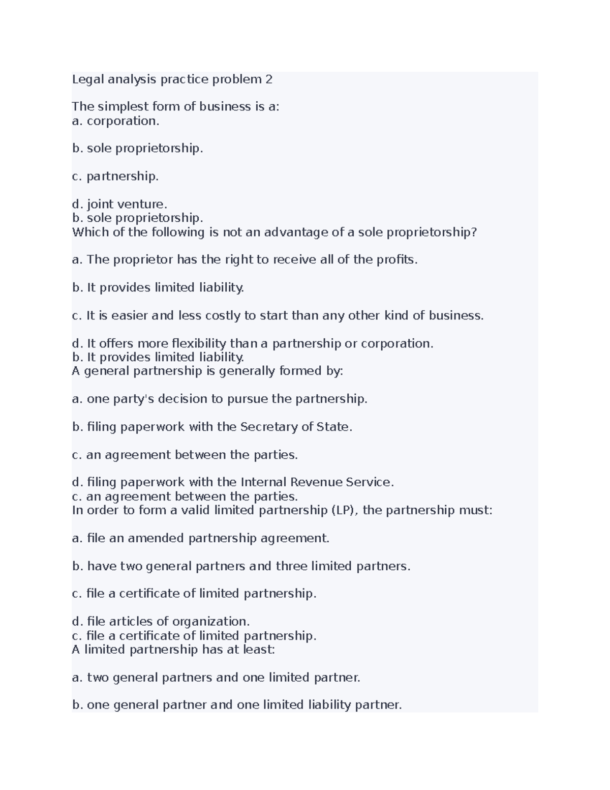 Legal analysis practice problem 5 - corporation. b. sole proprietorship. c. partnership. d ...