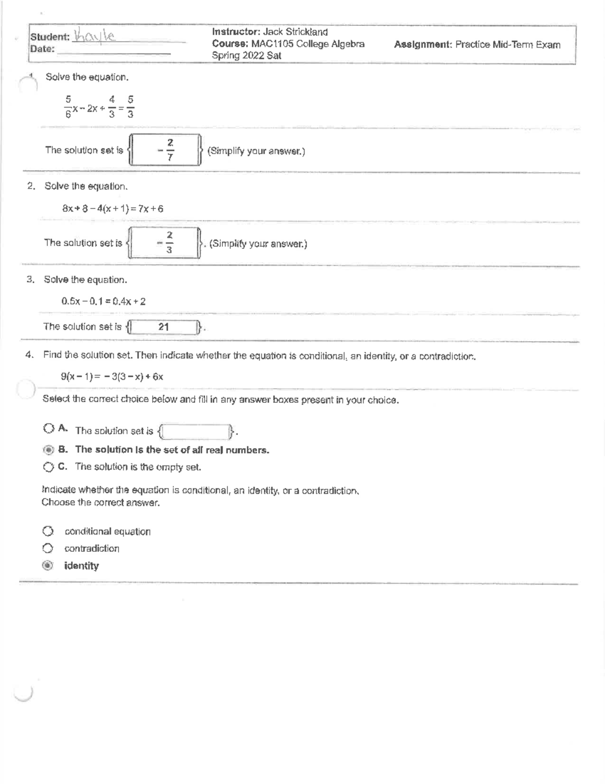 MAC1105 Practice Mid Term Exam - Instructor: Jack Strickland ne how Ve Course: MAC1105 College ...