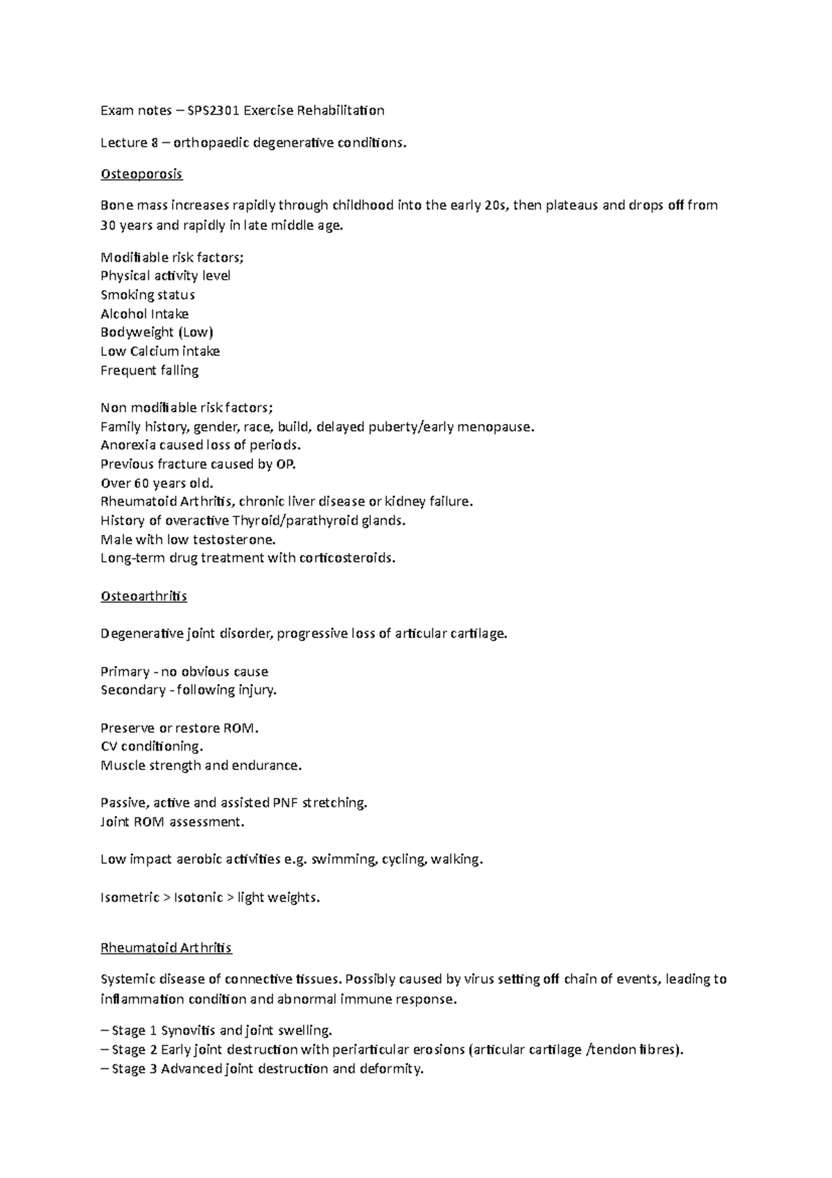 Exam Review Notes - Exam notes SPS2301 Exercise Rehabilitation Lecture ...