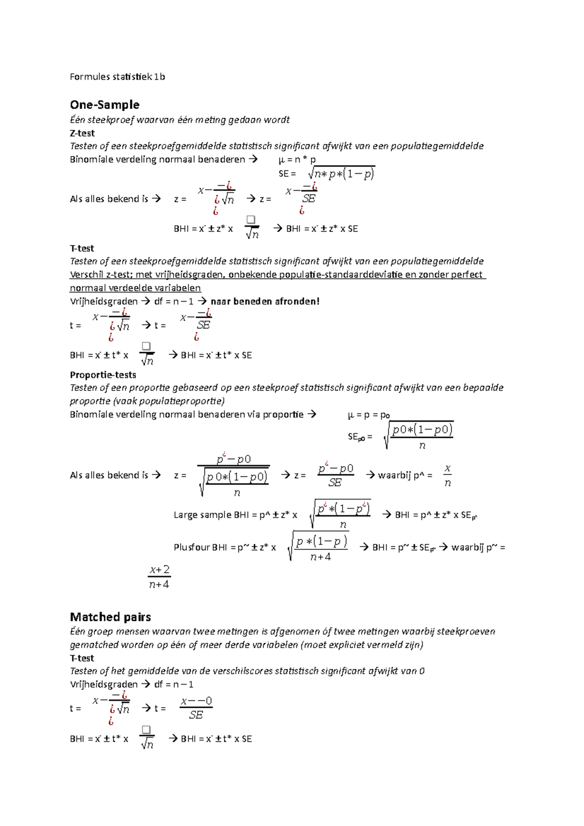 Statistiek I B - Uitgewerkt formuleblad - Formules statistiek 1b One ...