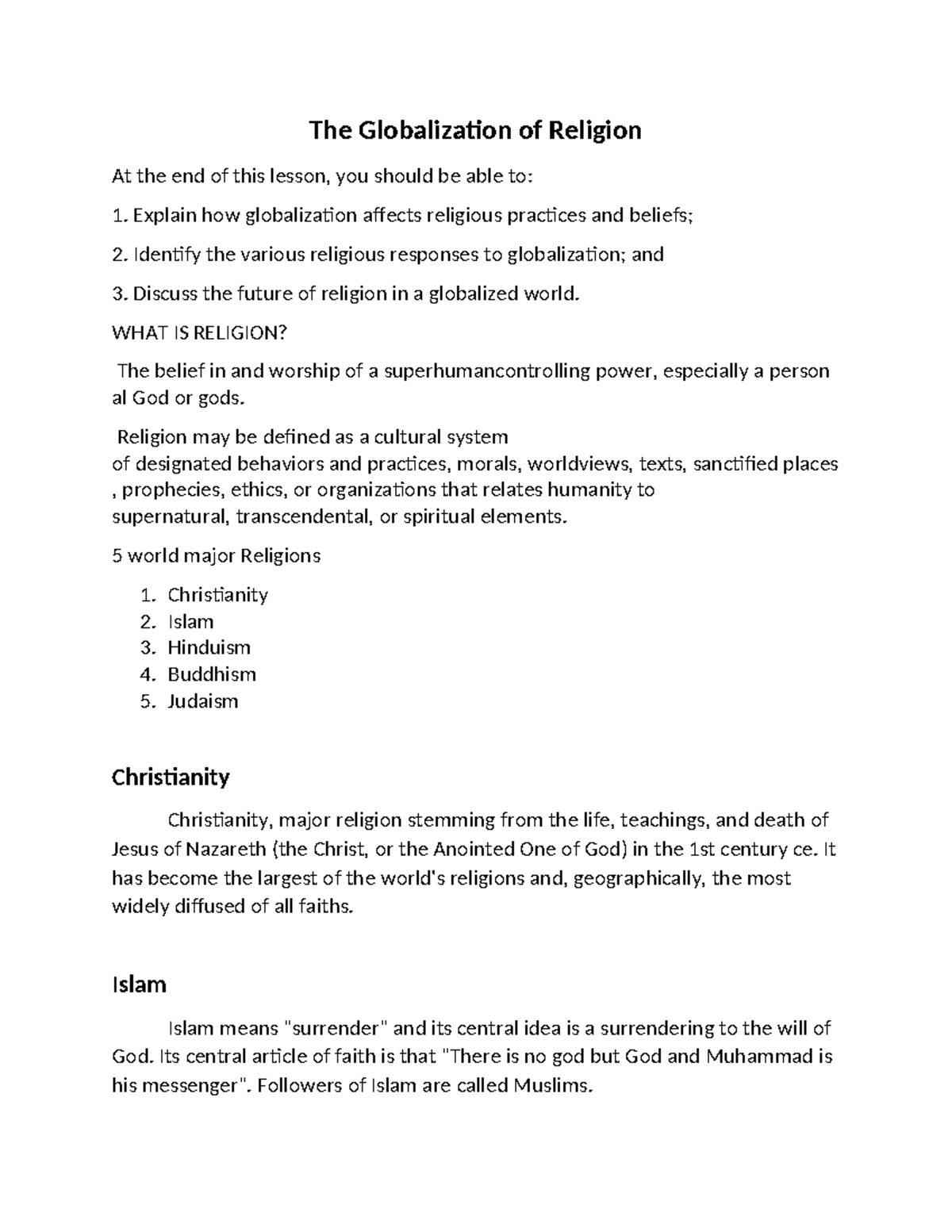 The Globalization of Religion - WHAT IS RELIGION? The belief in and ...