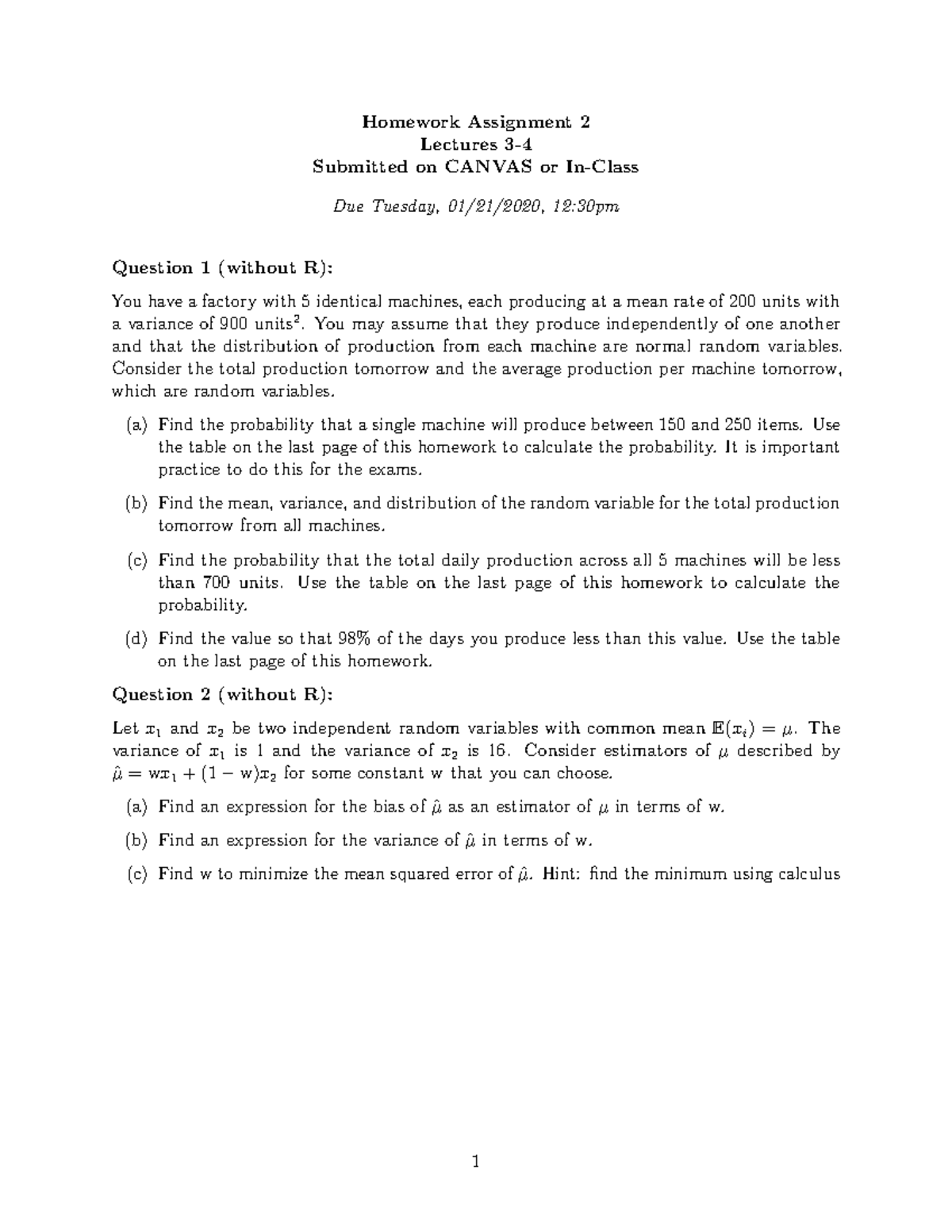 Homework 2 - hw2 - Homework Assignment 2 Lectures 3- Submitted on CANVAS or In-Class Due Tuesday ...