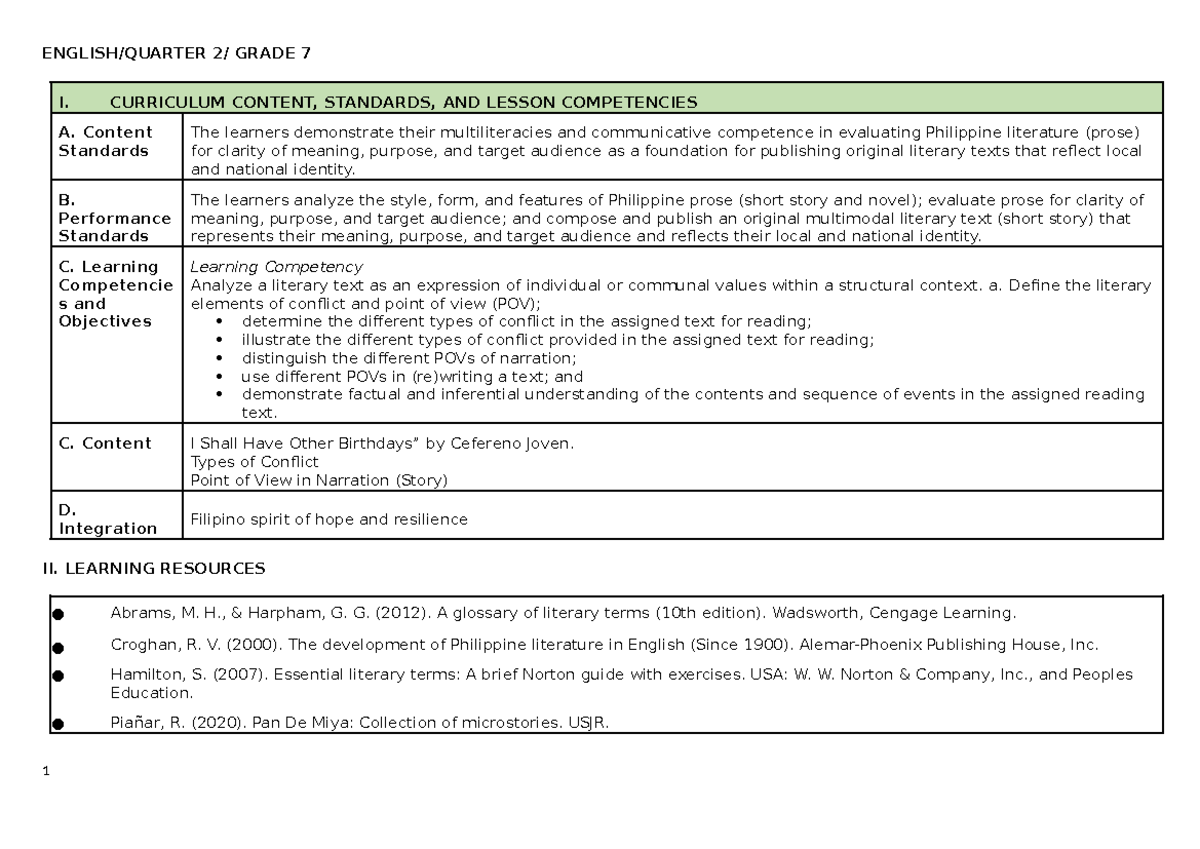 Q2 Lesson 2 Conflict AND POV - ENGLISH/QUARTER 2/ GRADE 7 I. CURRICULUM ...