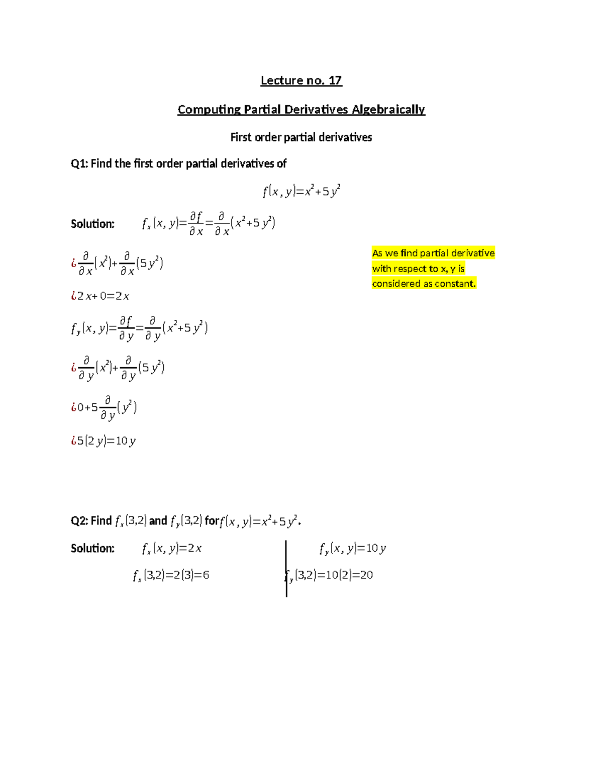 Lec 17 Partial Derivatives Algebraically 1st Order Lecture No 17 Computing Partial