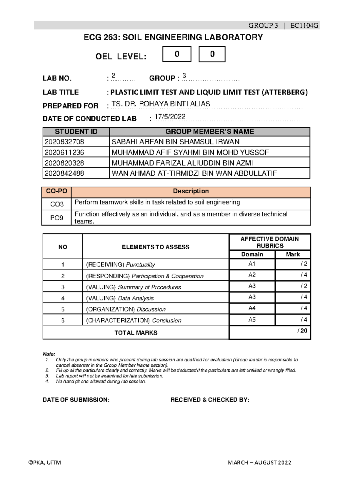 LAB 2 Plastic Limit AND Liquid Limit Group 2 EC110 4G - ©PKA, UiTM ...