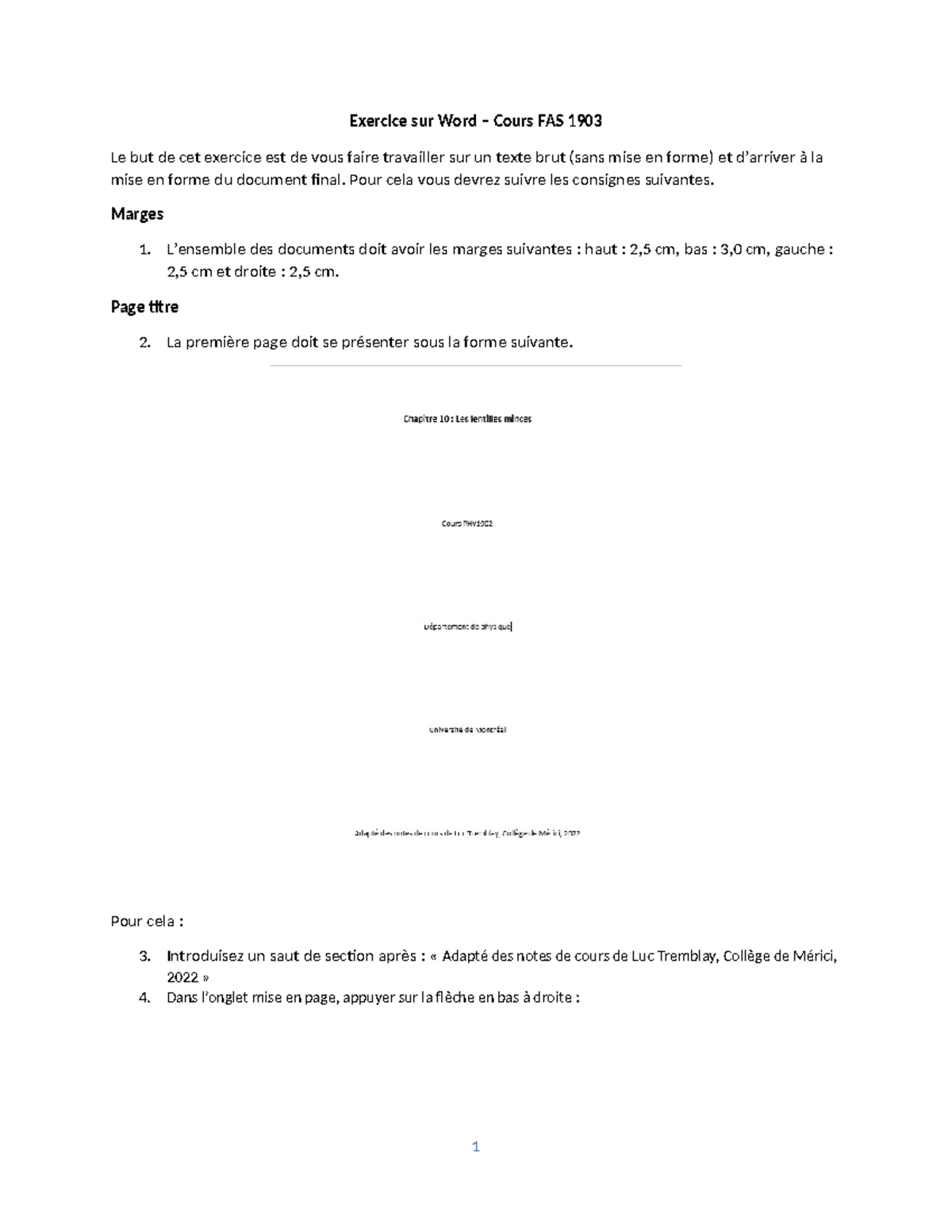 Livret dexercices - Word - Exercice sur Word – Cours FAS 1903 Le but de ...