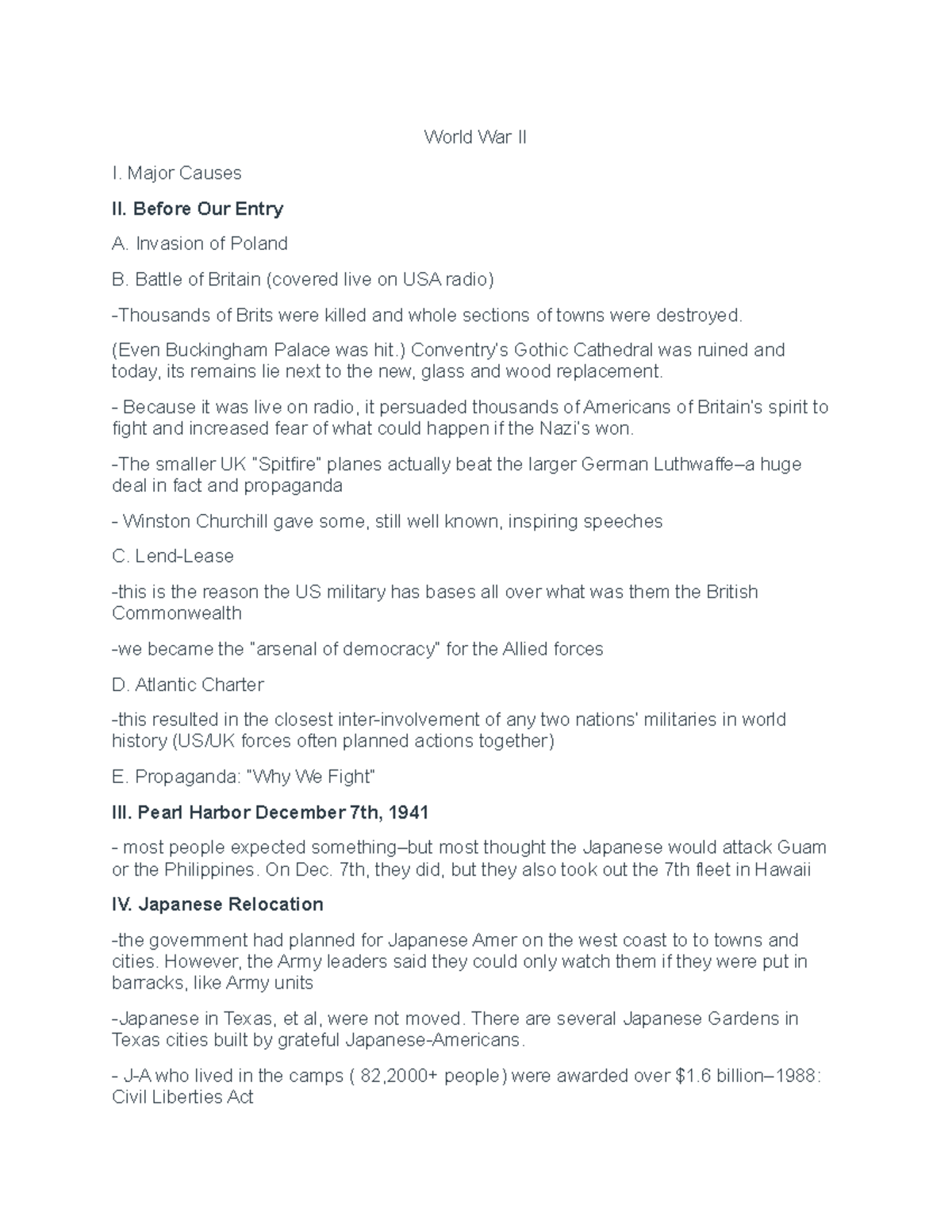 HIST 1023: World War II Notes - World War II I. Major Causes II. Before ...