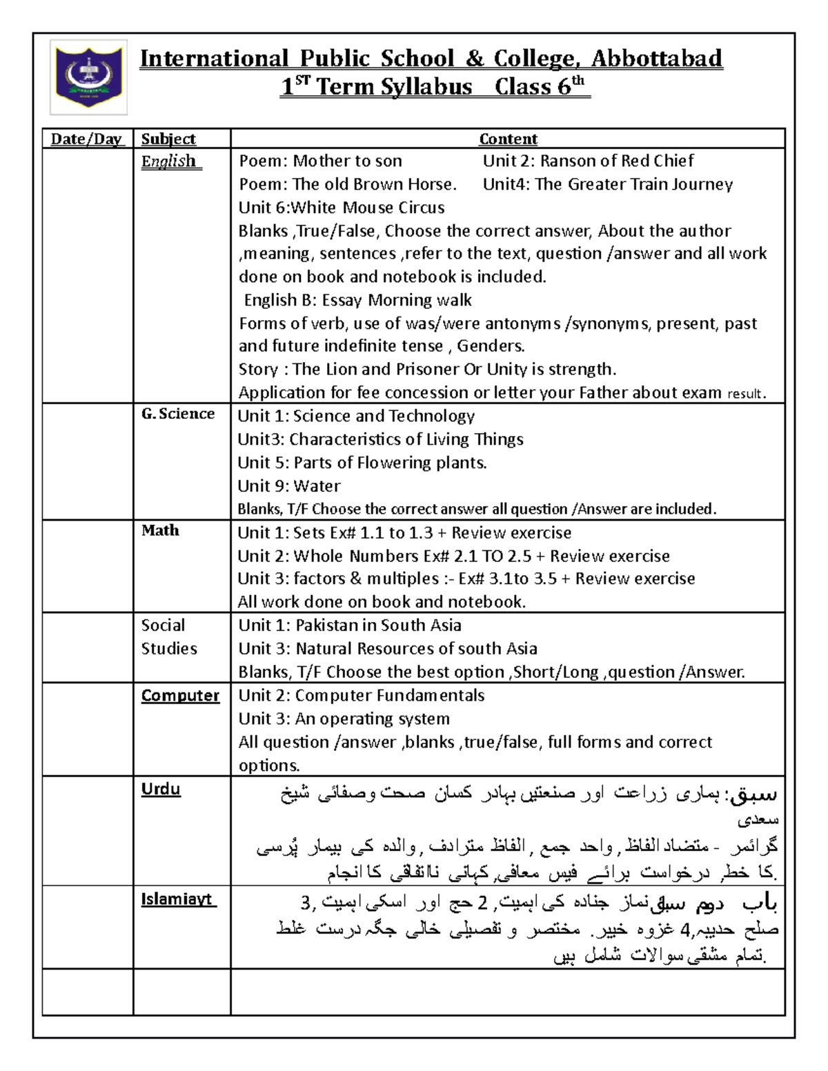 6th class - abc - International Public School & College, Abbottabad 1 ...