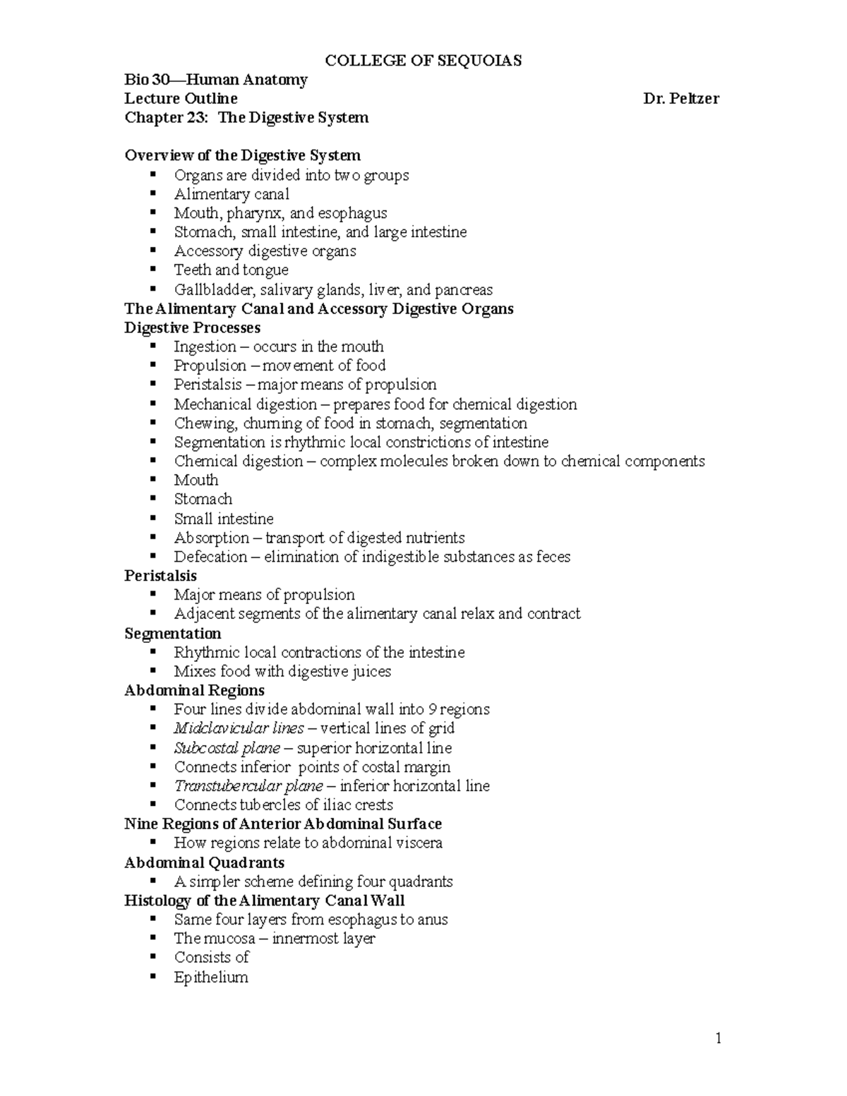 Ch. 23 Outline - The Digestive System Dr. Peltzer - Bio 30—Human ...
