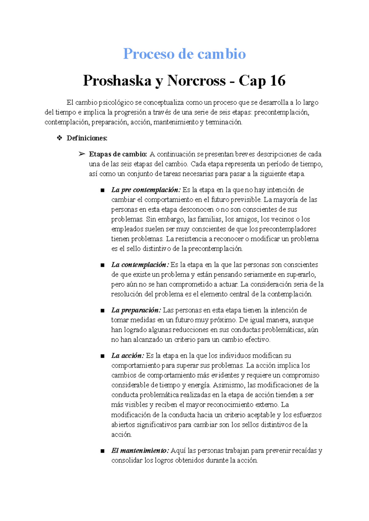 (9) Proceso de Cambio - Apuntes - Proceso de cambio Proshaska y ...