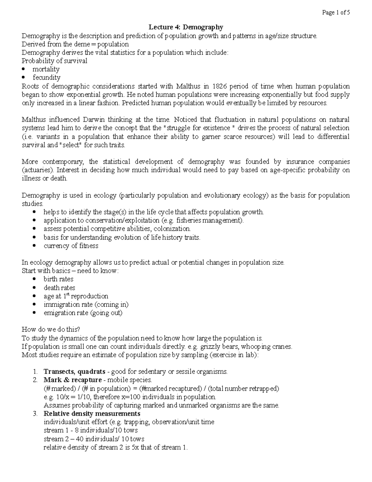 Lec4 - Lecture 4: Demography Demography is the description and ...