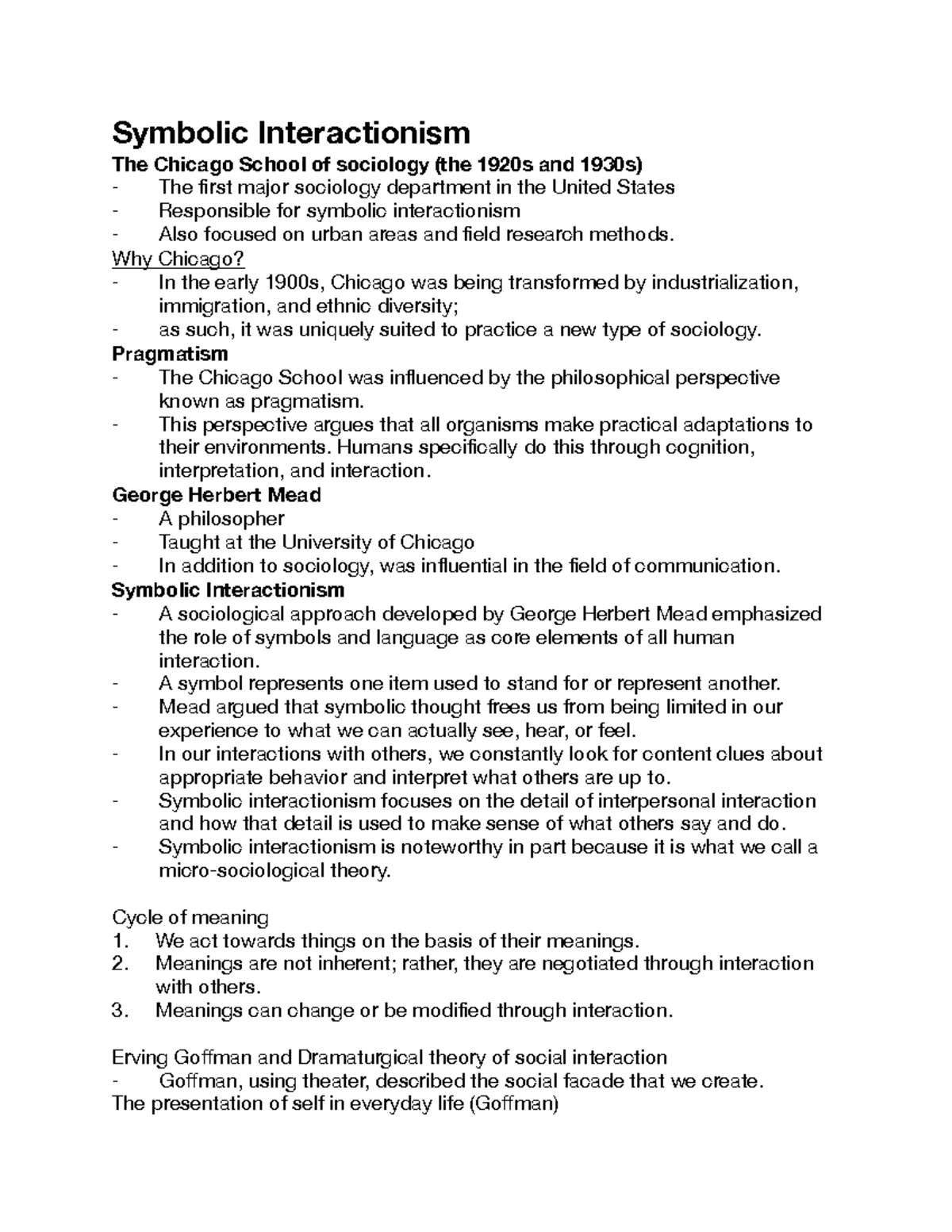 Sociology notes 3 - Symbolic Interactionism The Chicago School of ...