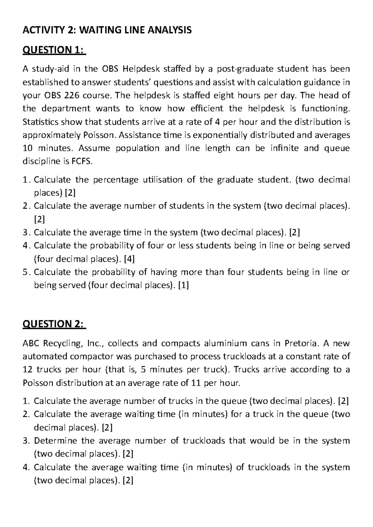 Exercise 2 Calculation activities - ACTIVITY 2: WAITING LINE ANALYSIS ...