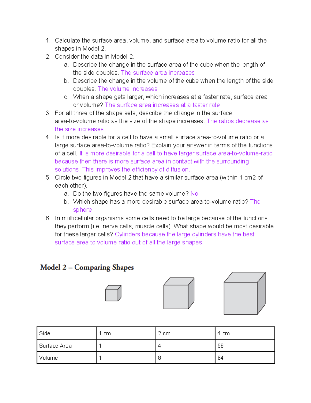 SA-V Ratio Worksheet - 1. Calculate the surface area, volume, and ...