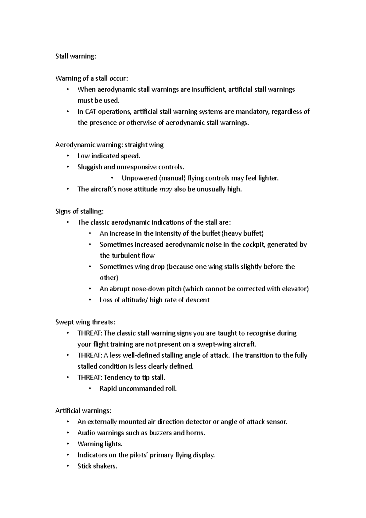 Stall warning - Notes for subject - Stall warning: Warning of a stall ...
