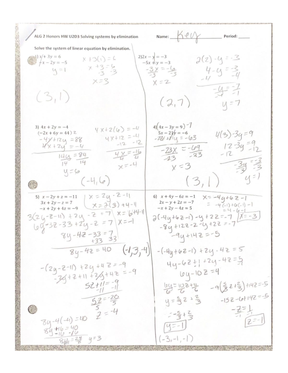 ALG 2 Honors HW U2D3 Solving systems by elimination - x x (3,1) (2,7) 3 ...