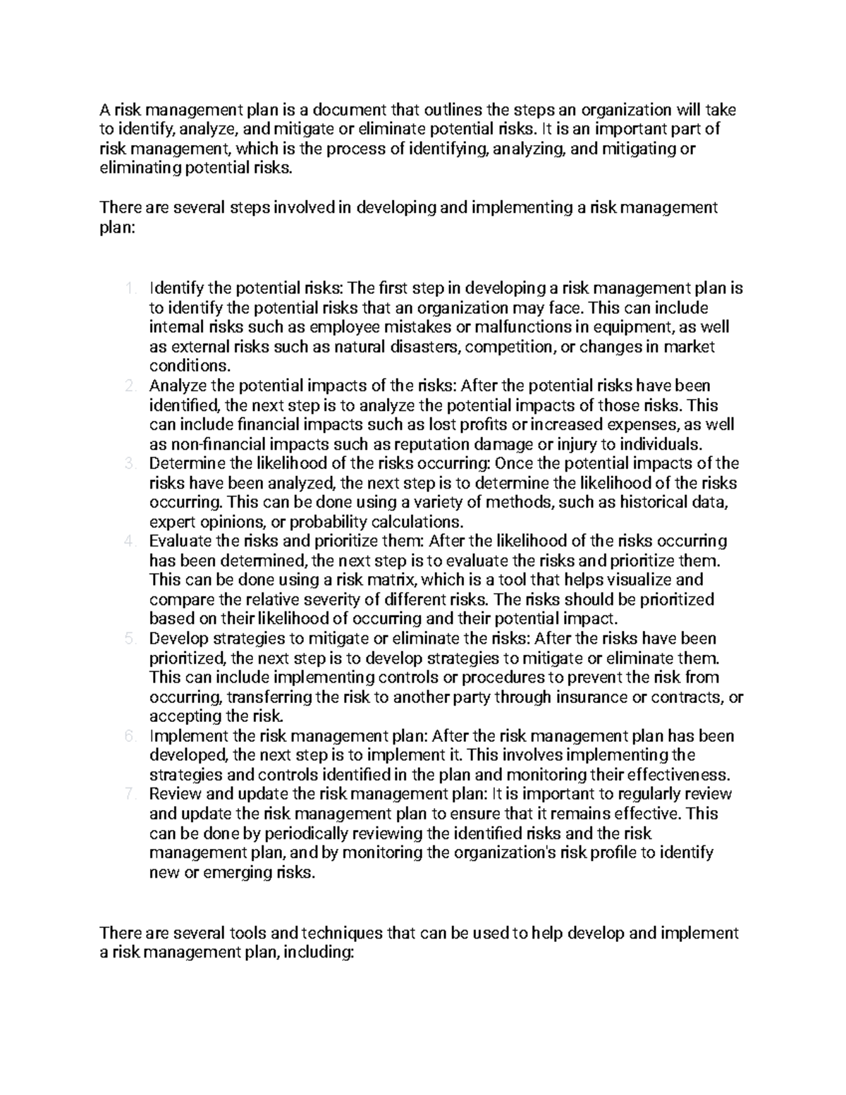 Developing and implementing a risk management plan - A risk management ...